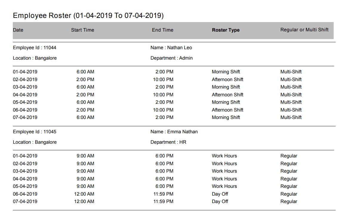 Overview of Module 'Roster' - Lenvica HRMS